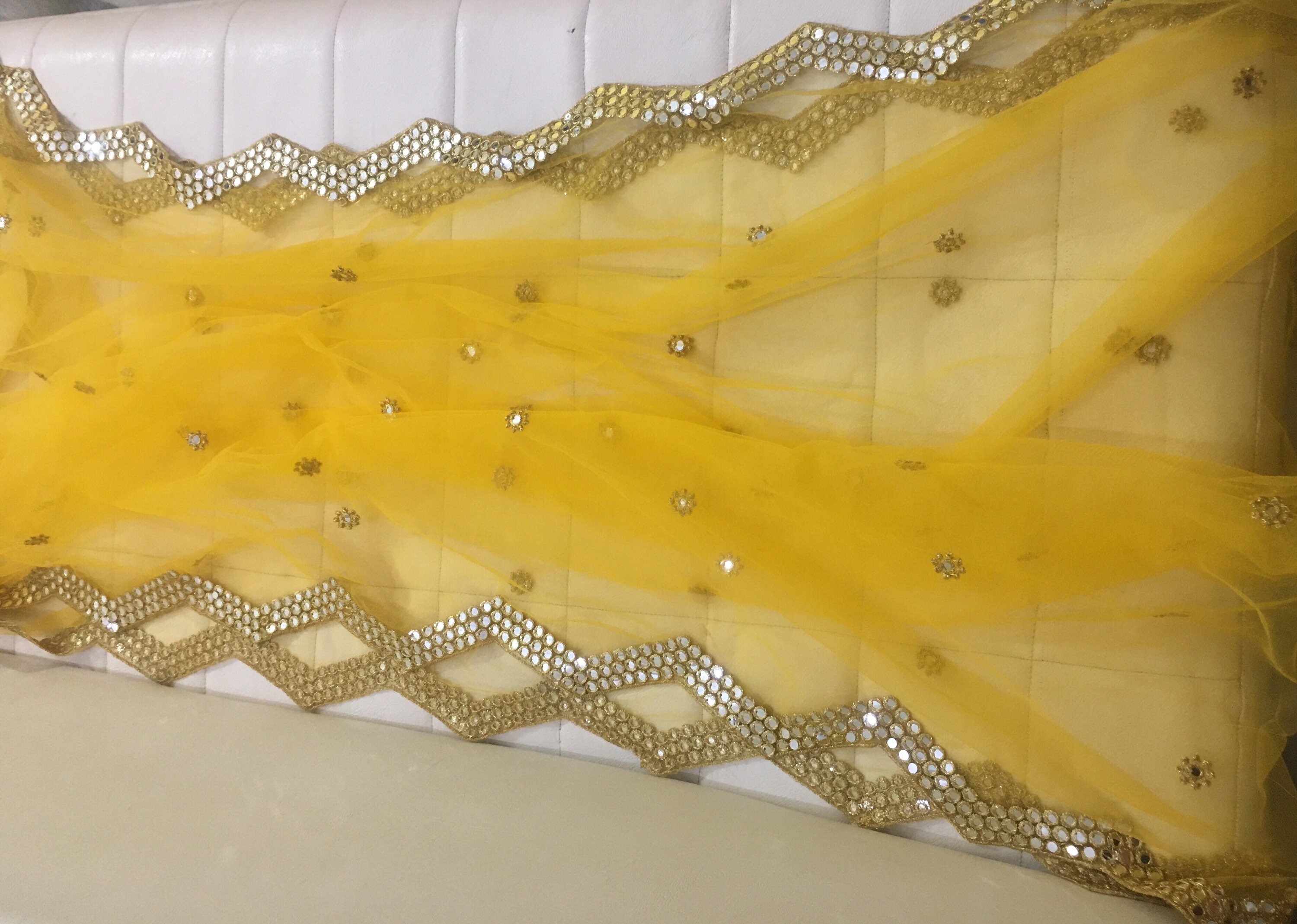 Yellow-Gold Sequins Work Net Dupatta with Scalloped Border | Etsy