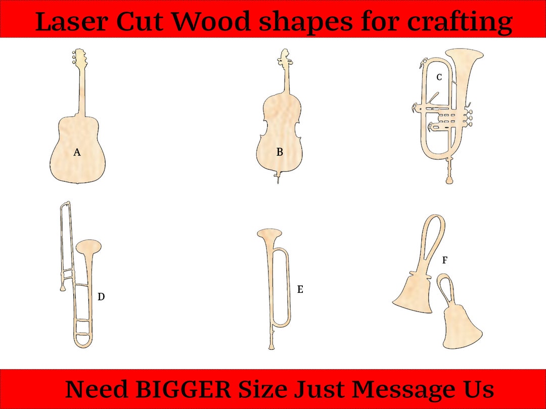 Musical Instruments Chimes Guitar Violin Trombone Wood Cutout Shapes ...