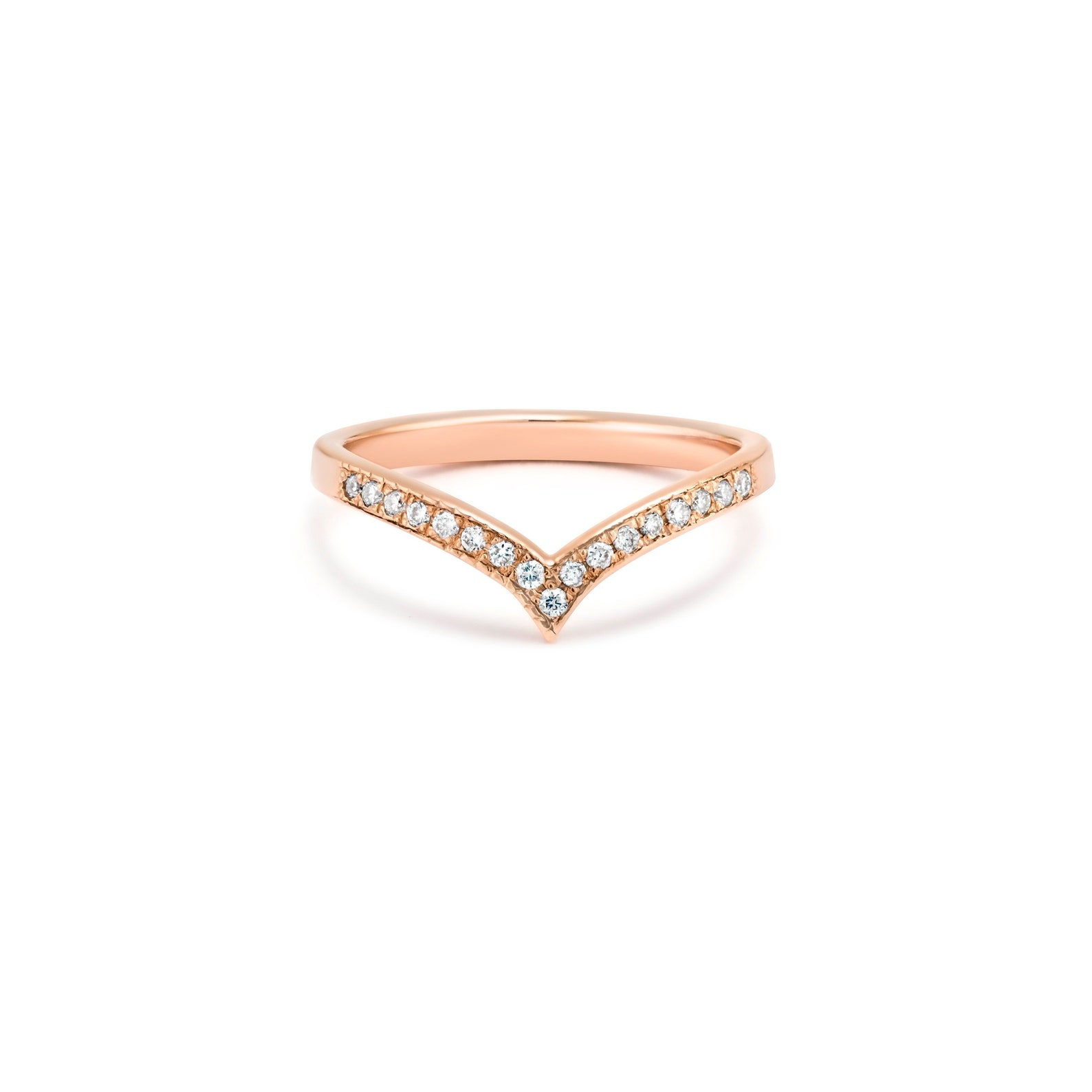 V Ring With Round Diamond in 14k Gold / Diamond V Ring / Chevron Ring ...