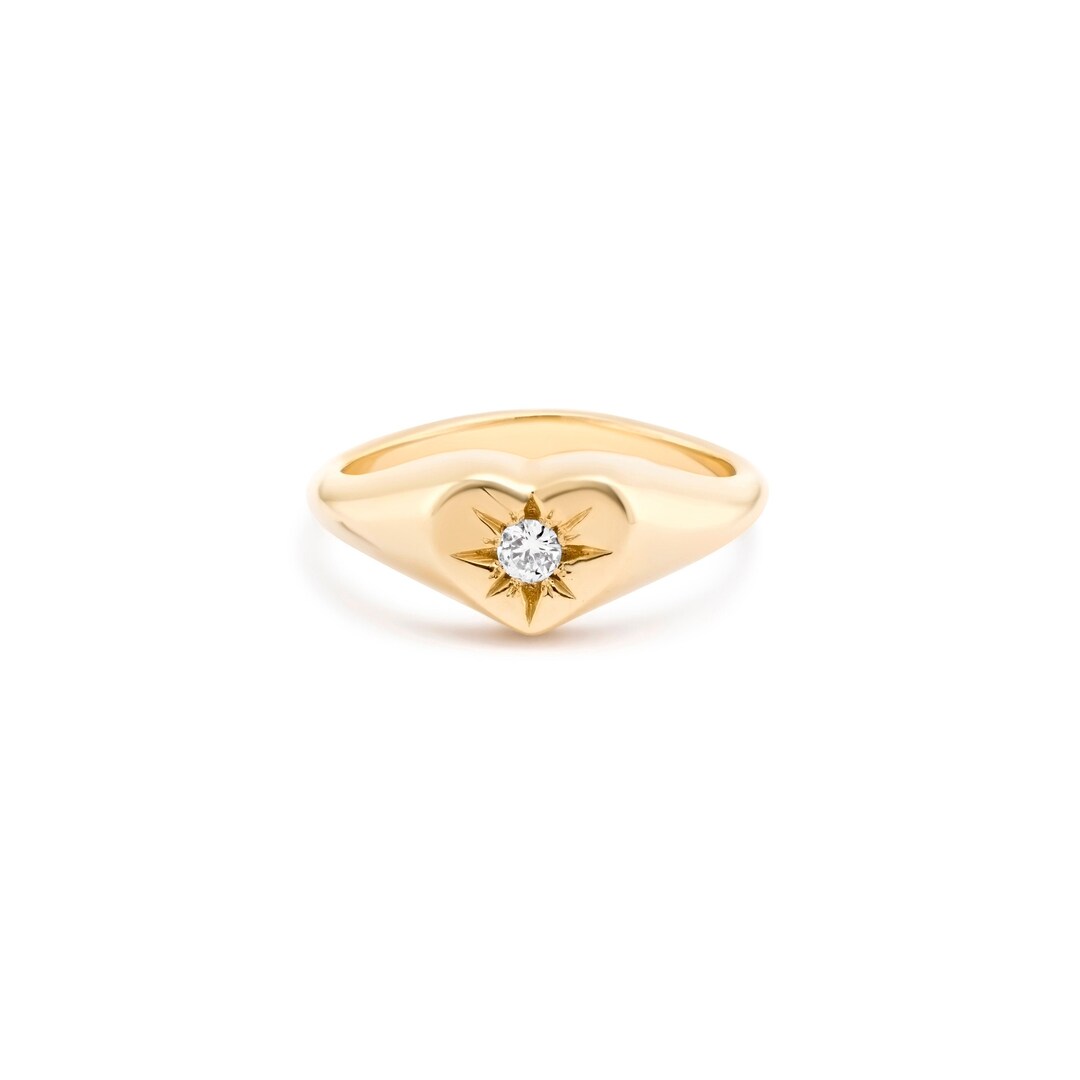 14k Solid Gold and Diamond Pave Heart Ring | Dainty Heart Stack Ring ...