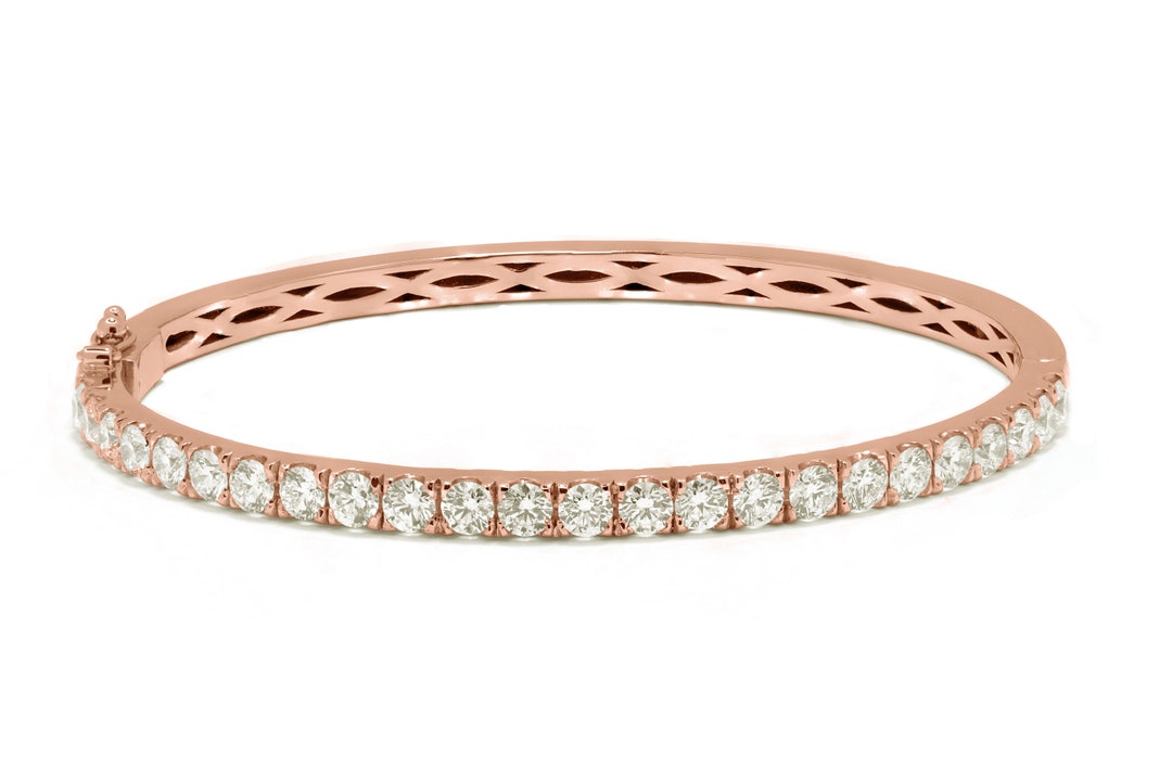 14k Gold One Row Pave Lab Diamond Bangle, Round Bracelet, Brilliant ...