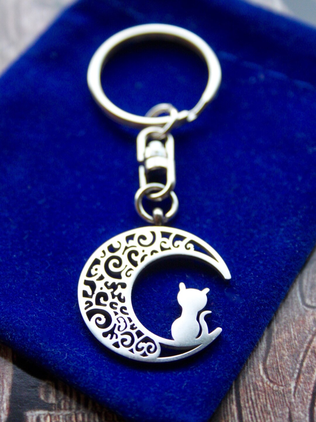 Pierced Stainless Steel Crescent Moon Cat Keyring With Gift - Etsy