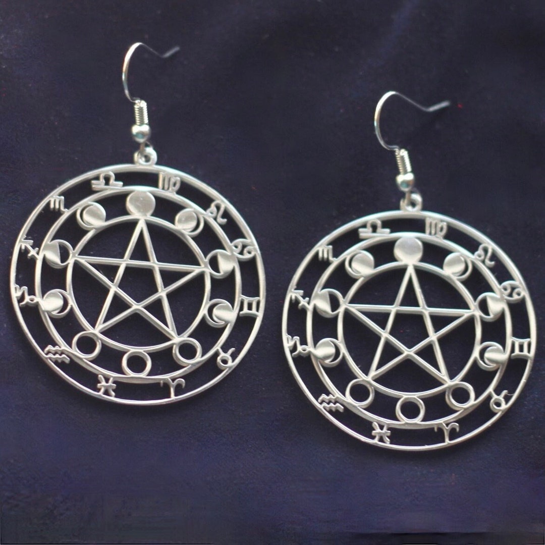 12 Constellations Zodiac Moon Phase Pentagram Pendant Earrings With ...