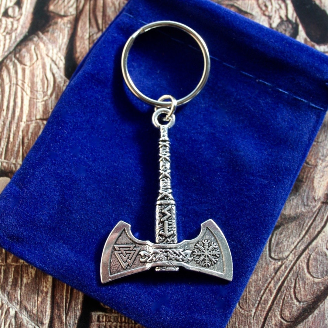 Double-sided Two-headed Viking Axe Norse Rune Odin Keyring With Gift ...