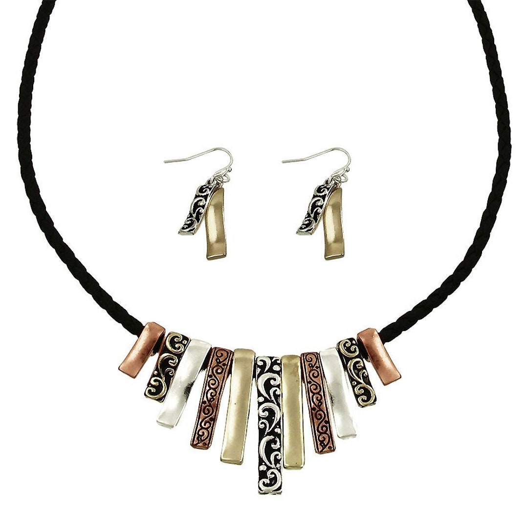 Brighton Inspired Multi Etched Vine Scroll Bar Black Cord Necklace ...