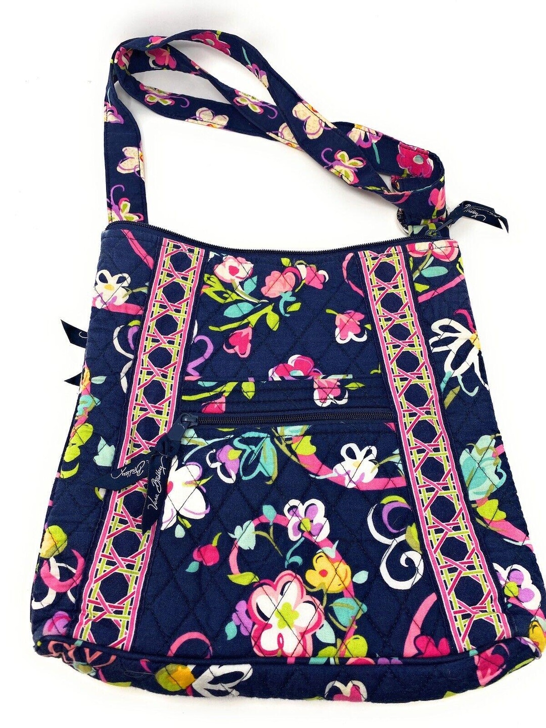 Vera Bradley Crossbody Bag Purse Medium RIBBONS Pattern Navy Floral ...