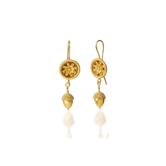 Greek Acorn Earrings Daisy Earrings Solid Gold Earrings Flower - Etsy