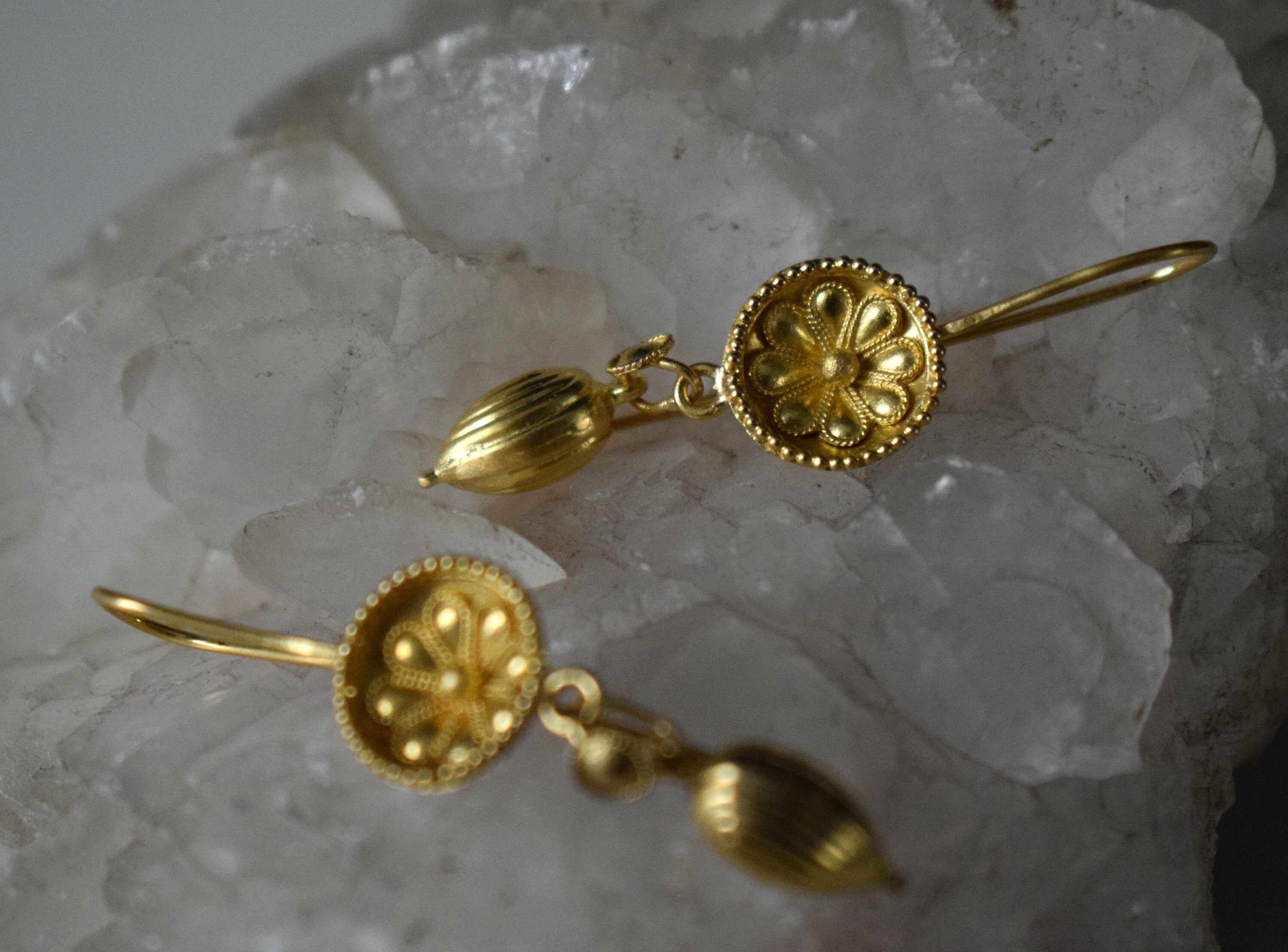 22k gold earrings Flower dangle Ancient greek 22 k gold | Etsy