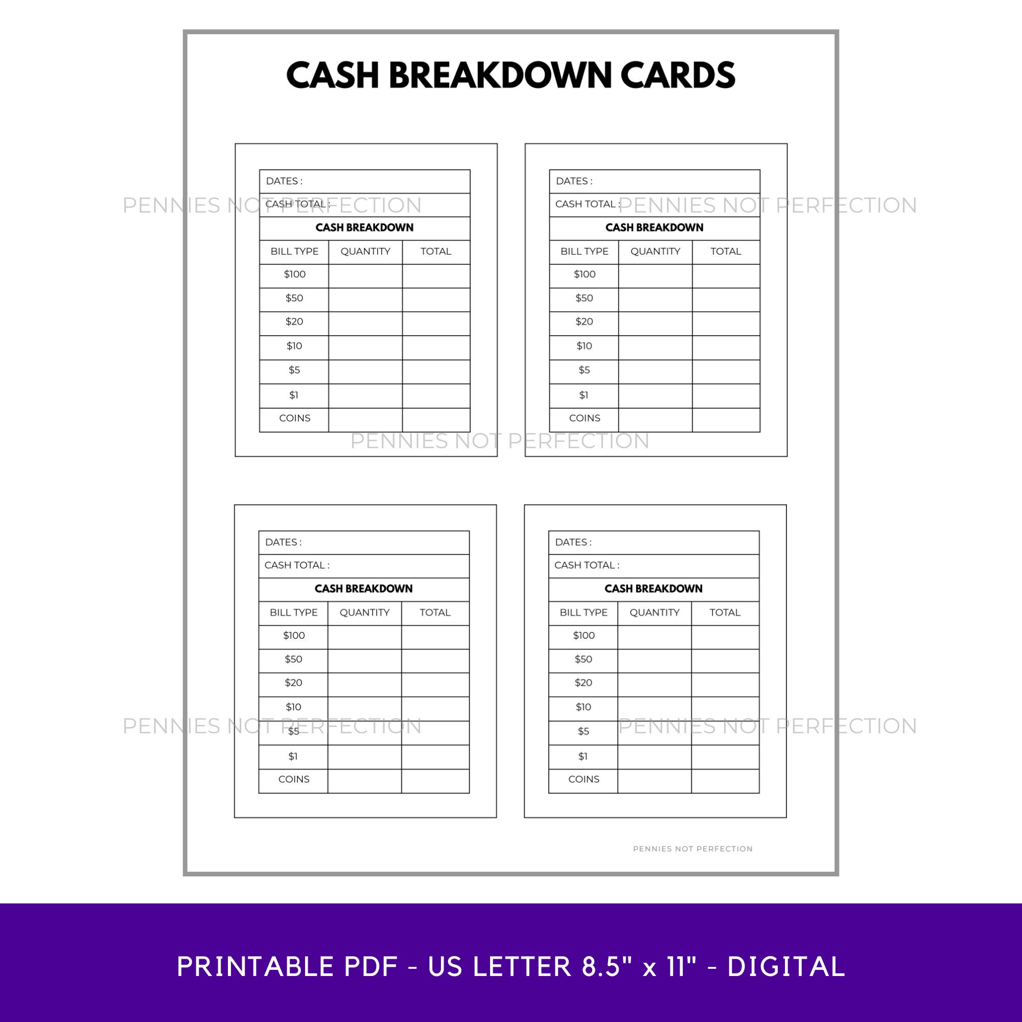 Printable Cash Breakdown Card | Cash Breakdown Count Sheet Printable ...