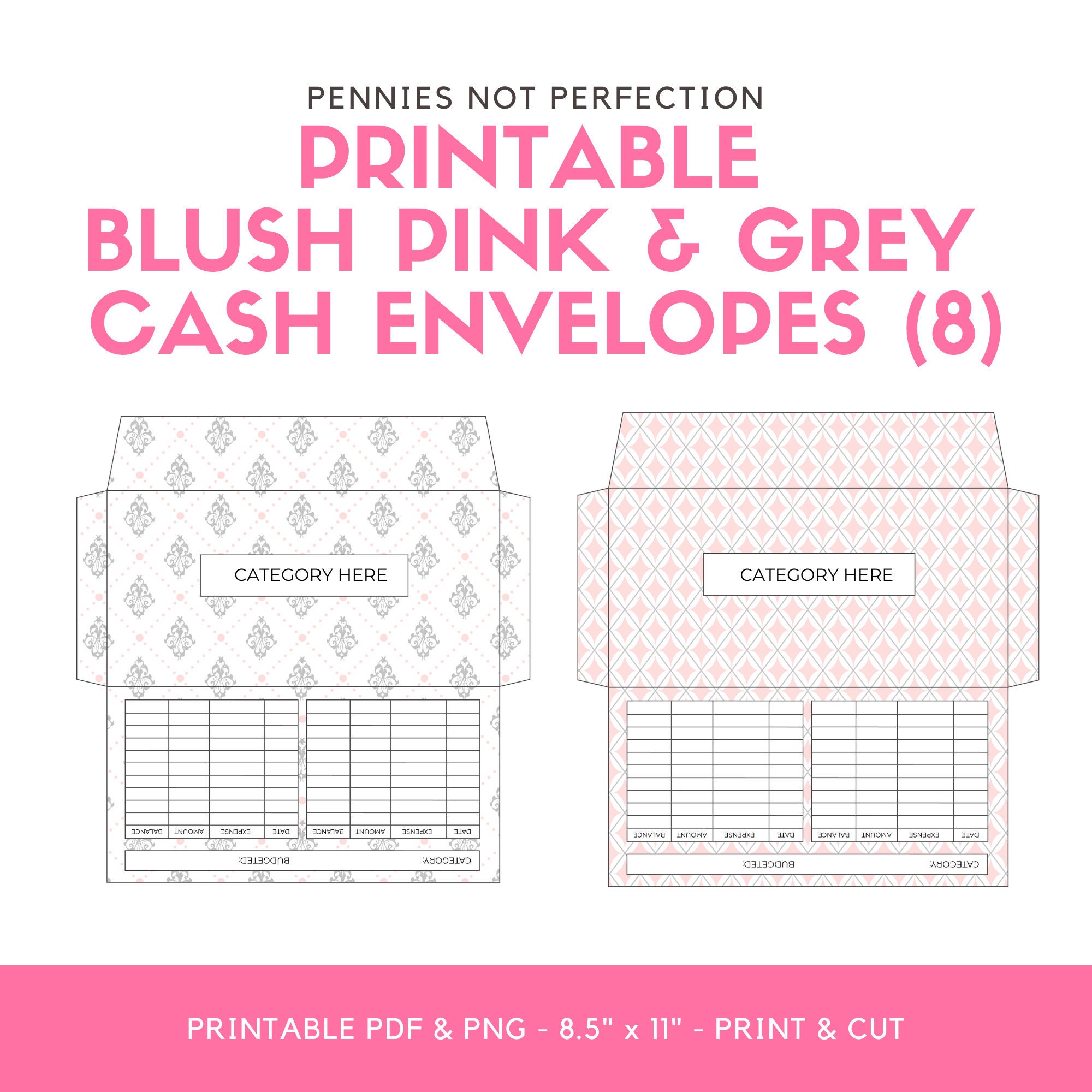 Printable Cash Envelopes Set of 6, Blush Pink Gray Patterns, Instant ...