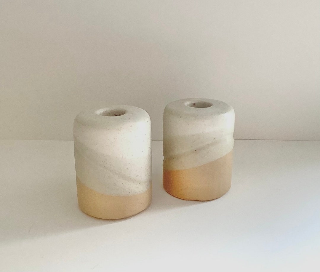 Vintage Tan Clay Candleholders,white Peach Candlestick Holders,matte ...