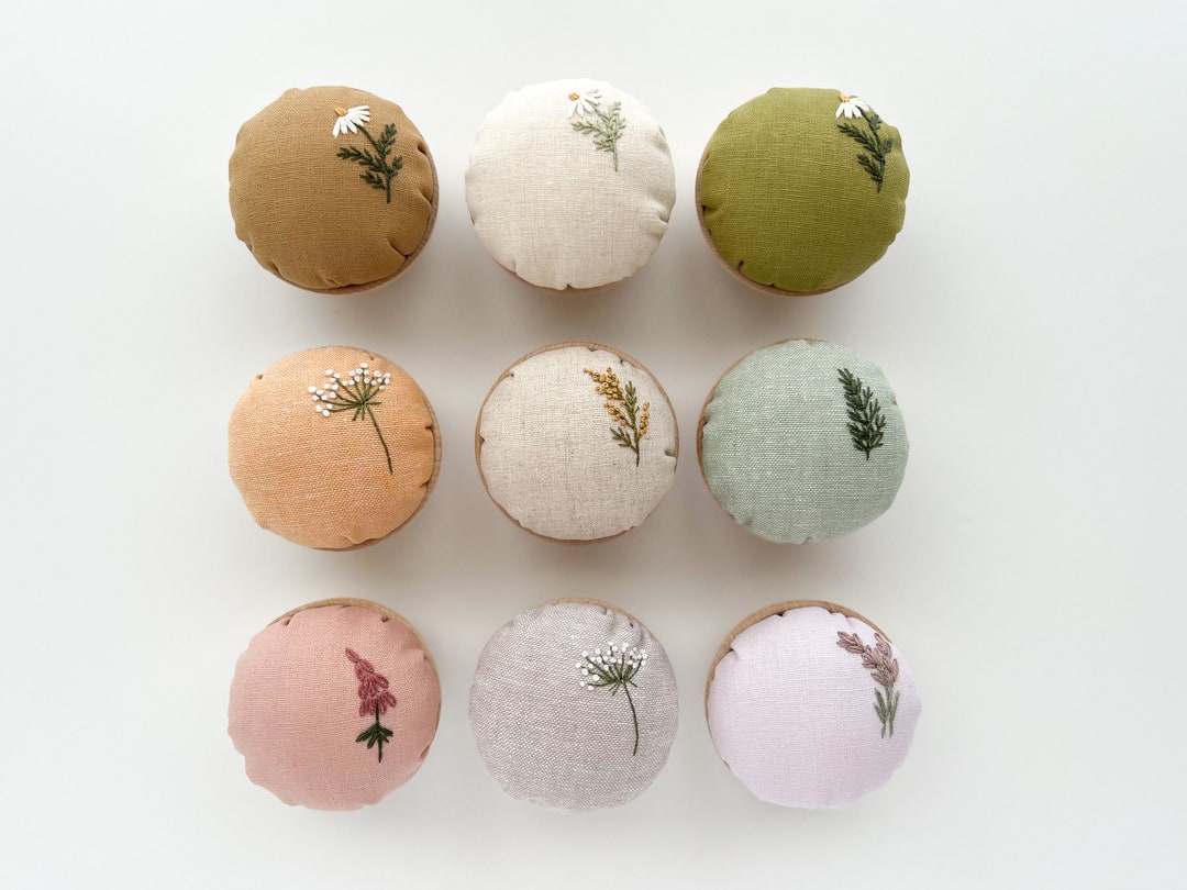 Hand Embroidered Pin Cushion, Wooden Needle Cushion, Round Needle ...