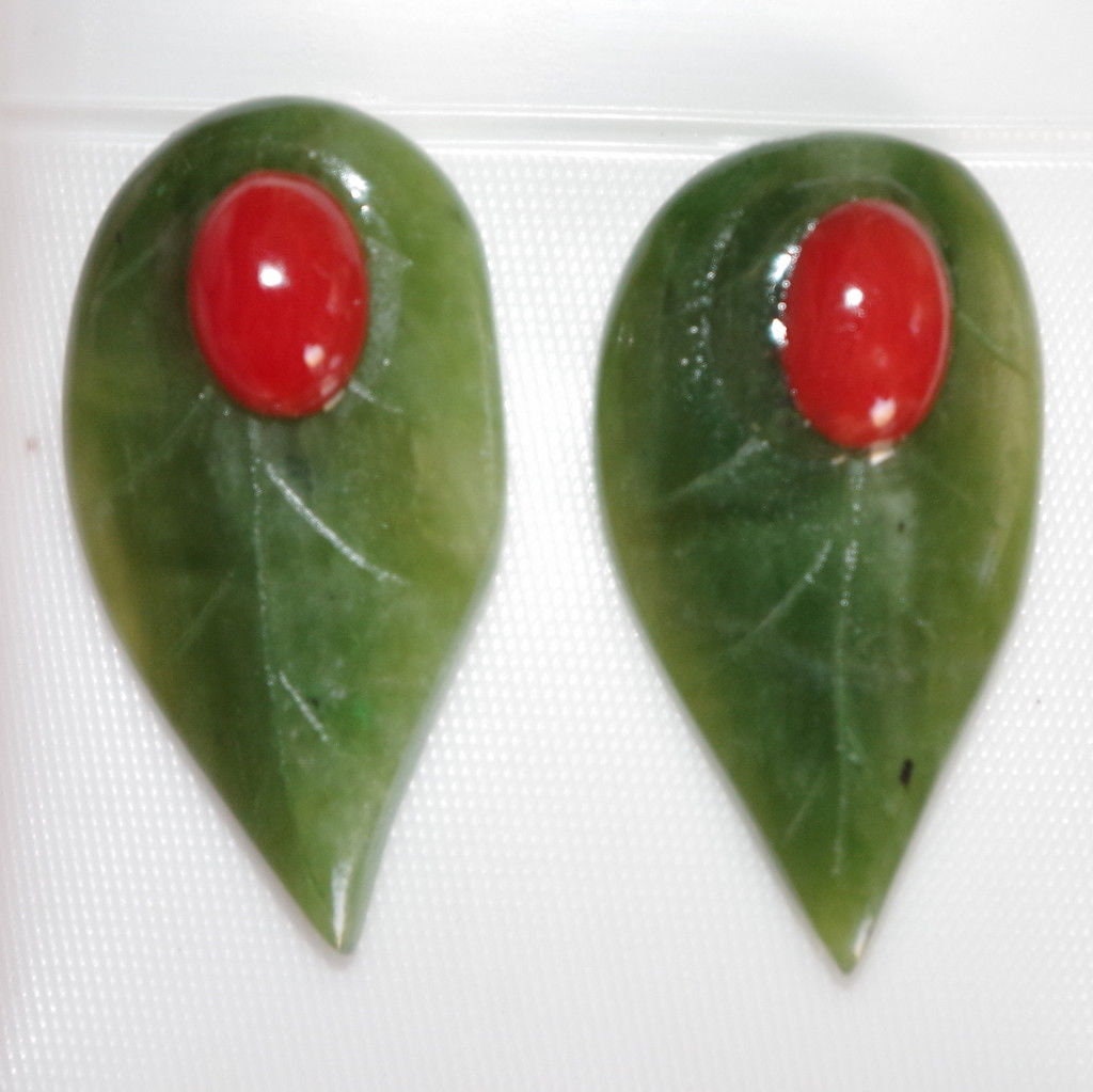 14K HandMade Green Jadite Jade Carved Leaf W Undyed Italian | Etsy