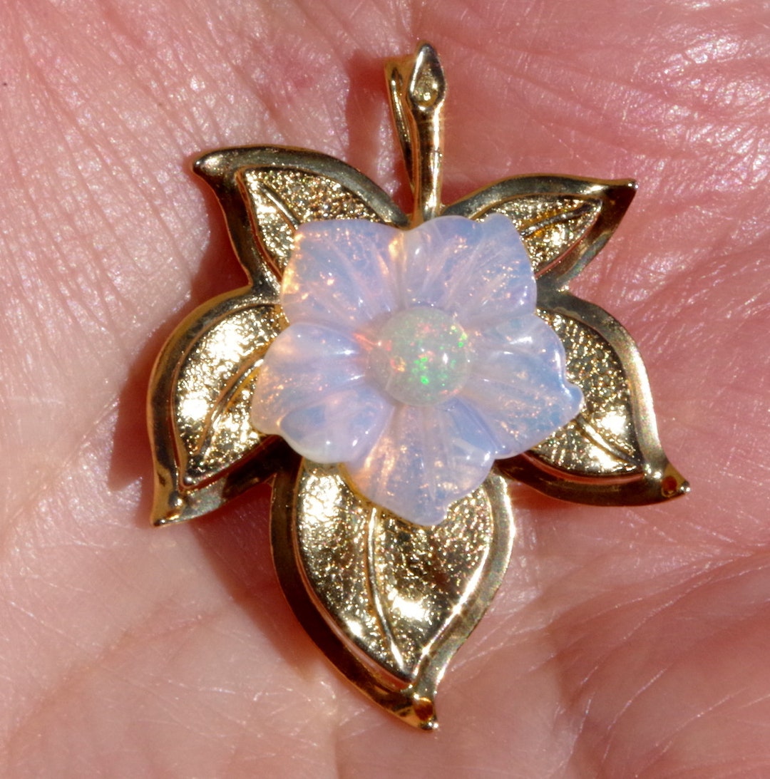 Large Fire Opal Carved Gold Flower 14K Gold Filled Pendent Designer ...