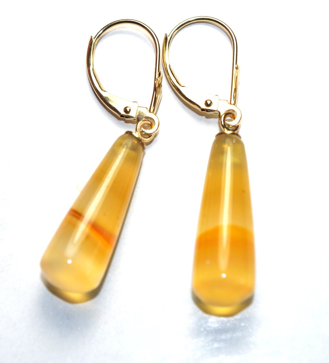 14K Gold Lemon Jasper Teardrop Earrings: Vintage Carved Stone - Etsy