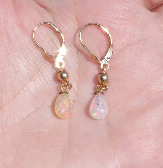 14K Gold Firey Ethiopian Opal Elongated Leverback Ear… - Gem