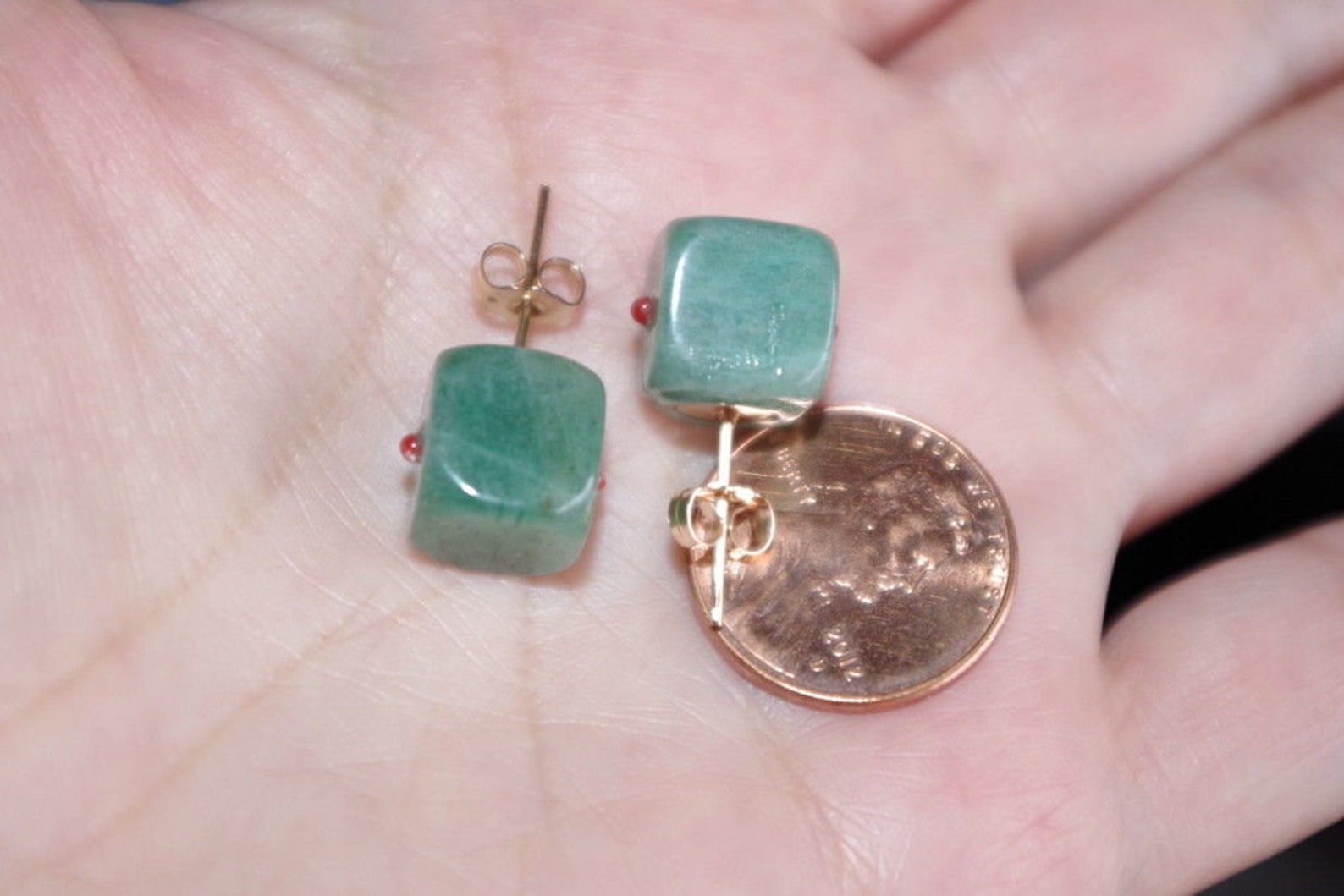 Quality Unique 14K Gold Filled Cube Jade & Italian Red Seed Coral Stud ...