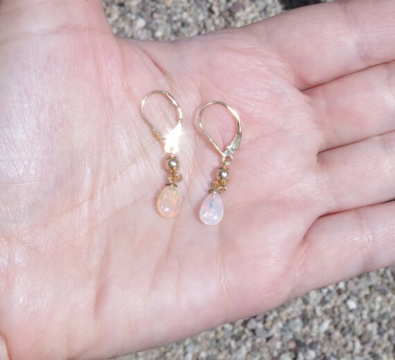 14K Gold Firey Ethiopian Opal Elongated Leverback Ear… - Gem