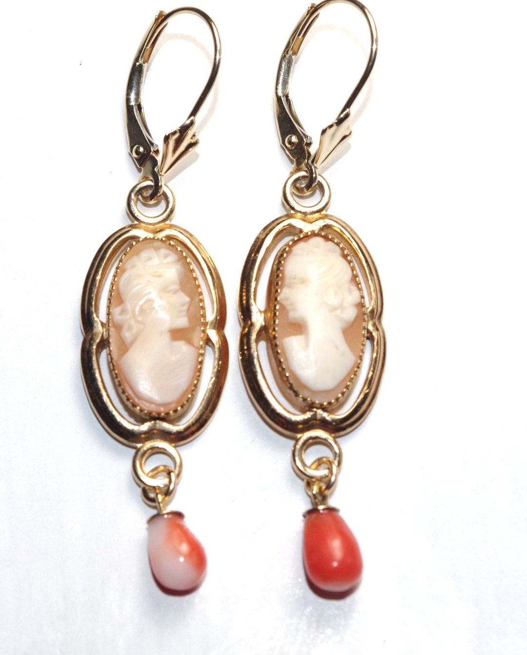 Cameo With 9MM Italian Red Coral Elongated 14k Lever Back Earrings - Etsy