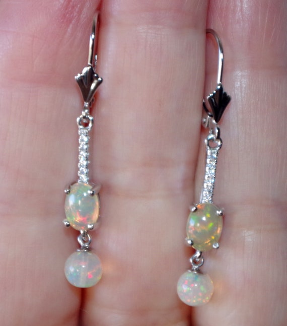 14K White Gold Firey Ethiopian 37 MM Opal L Drop L… - Gem