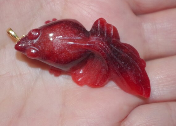 Vintage 18K Gorgeous Large Chinese Carved Red Jade K… - Gem