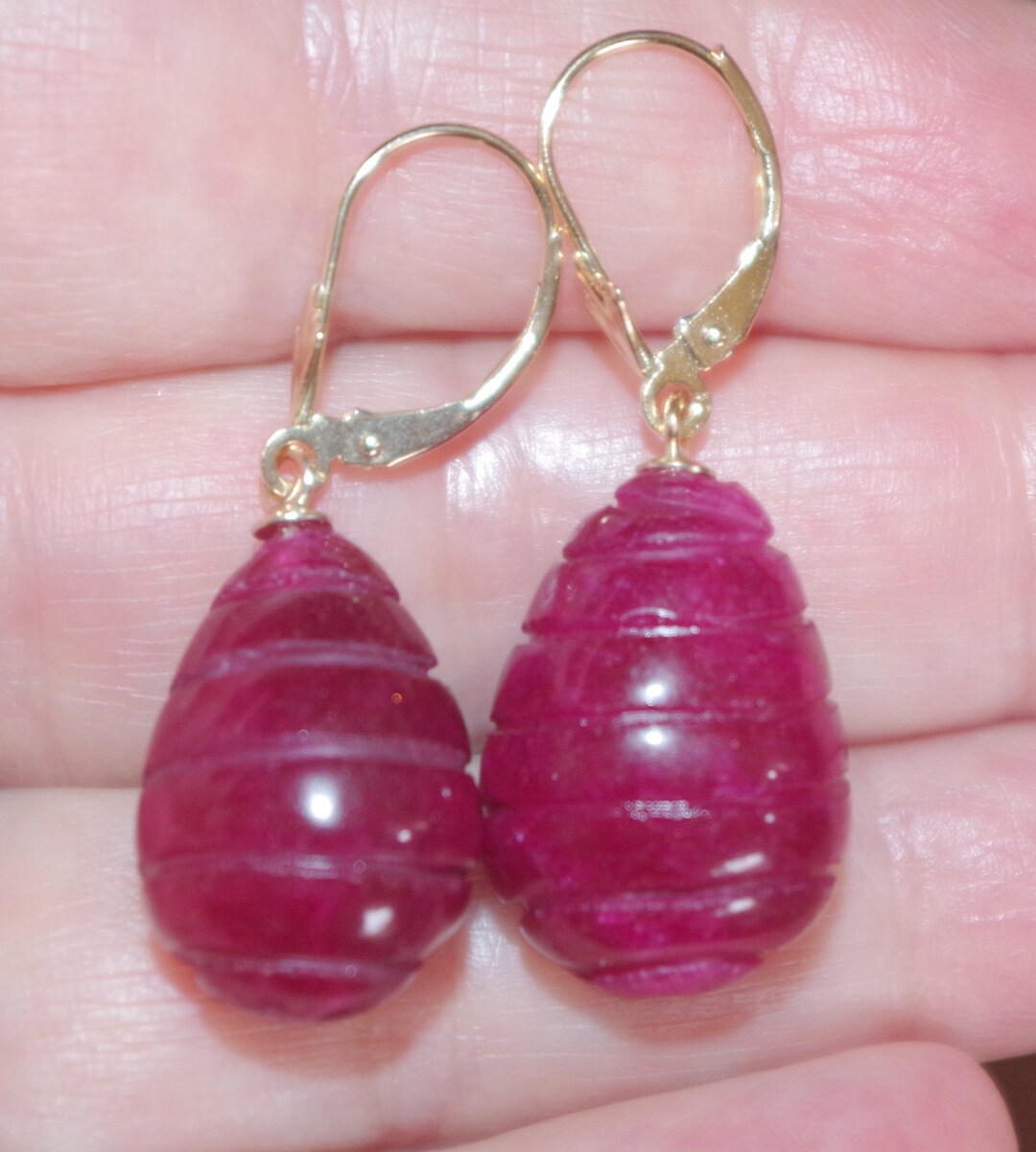 14K Genuine Ruby Tear Drop Swirl 40MM Carved Tear Drop Earrings - Etsy