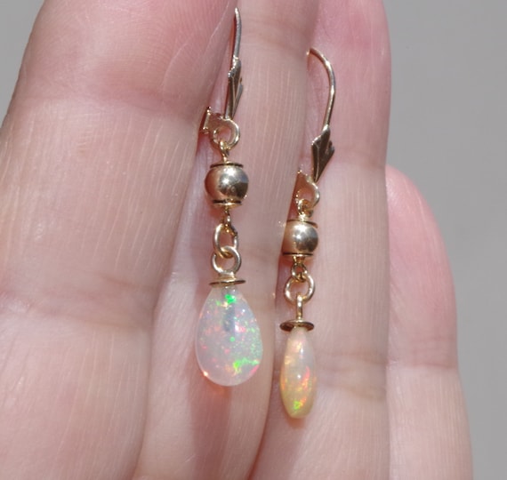 14K Gold Firey Ethiopian Opal Elongated Leverback Ear… - Gem