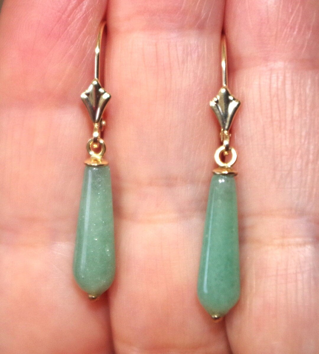 Vintage 14K Gold Green Jade Teardrop Earrings - Etsy
