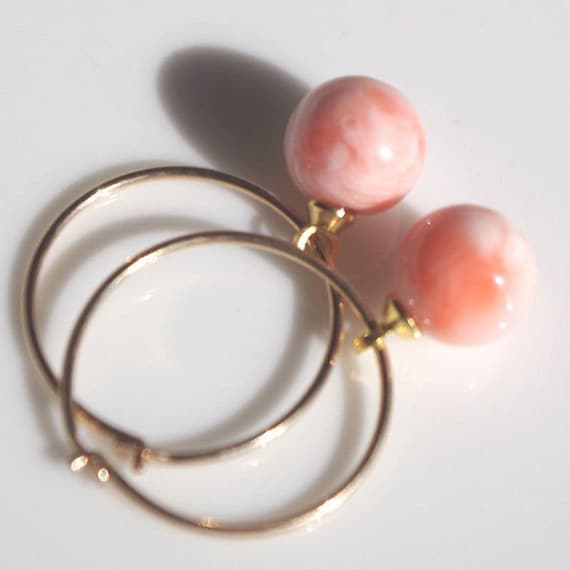 Angel Skin Coral Ball Drop Hoops 14K Gold Filled 16MM Small - Etsy