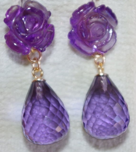 14K Quality 11MM Carved Rose Amethyst Fancy Stud Earr… - Gem