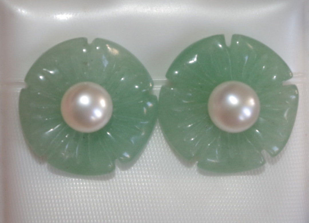 Genuine 15MM Jadeite Jade Flower Jackets With 6MM Round Cultured Pearl ...