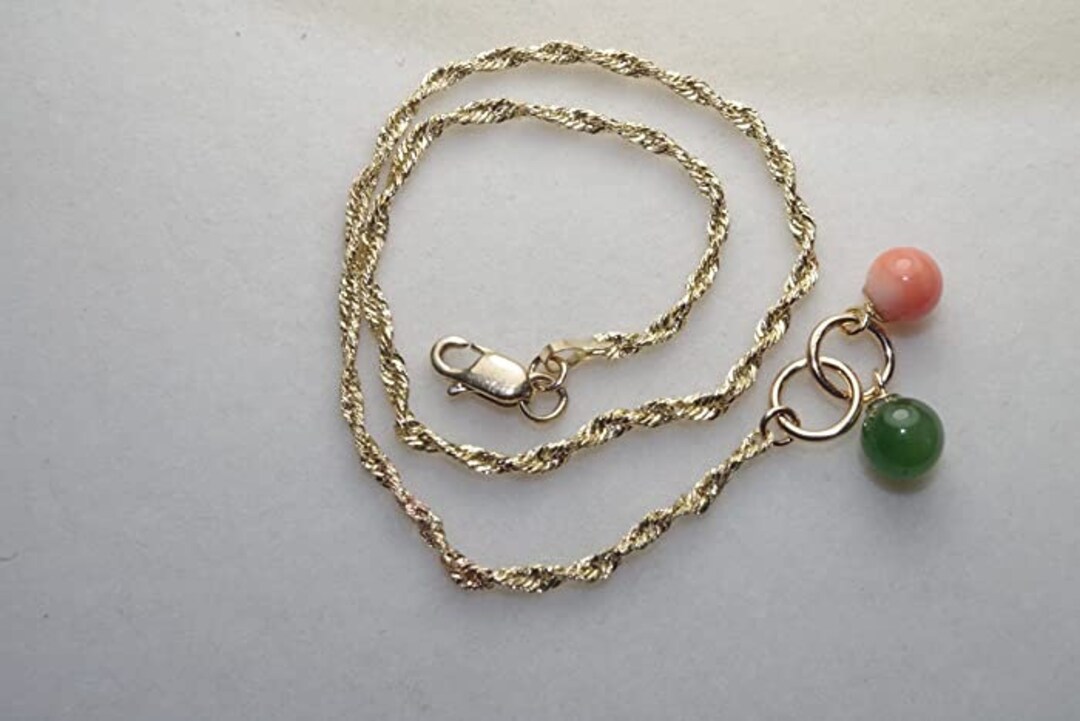Handmade 14k Solid Gold Anklet W 5mm Coral & Jade Hanging Drops 35th ...