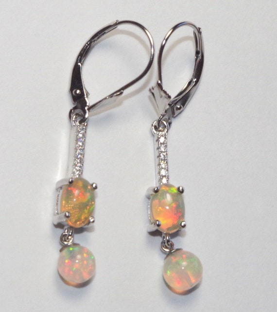 14K White Gold Firey Ethiopian 37 MM Opal L Drop L… - Gem
