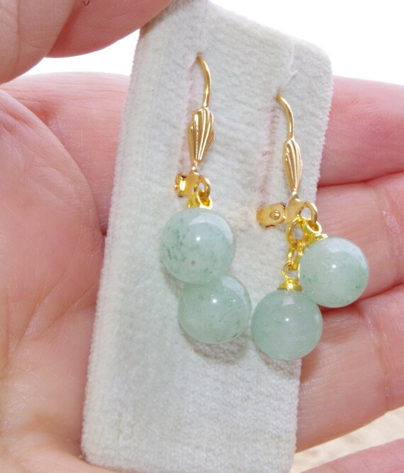 Green Jadeite Jade 14K GF Elongated Double Ball Leve… - Gem