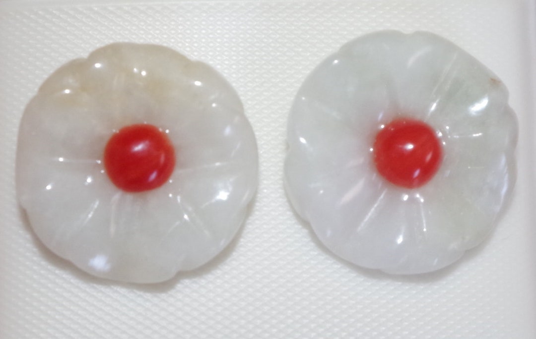 Quality Flower Nephrite Jadeite Jade With Italian Red Coral Studs: 14k ...