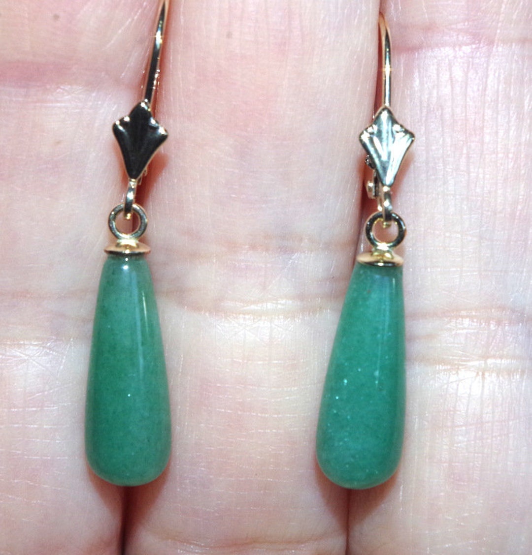 Vintage 14K Gold Green Jade Teardrop Leverback Earrings - Etsy