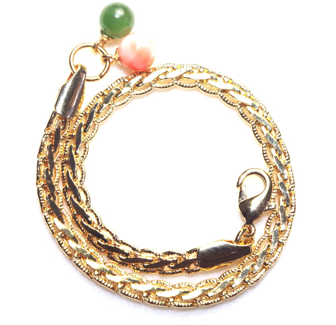 Handmade 14k Gold Filled Wheat Chain Bracelet: Coral & Jade Drops - Etsy