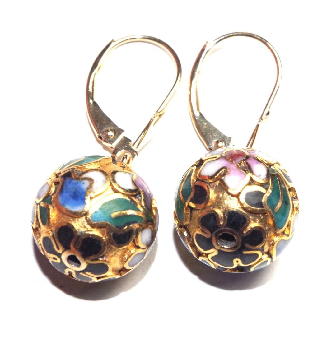Cloisonne 14K Flower Gold Champleve Enamel Round Lever Back Earrings - Etsy