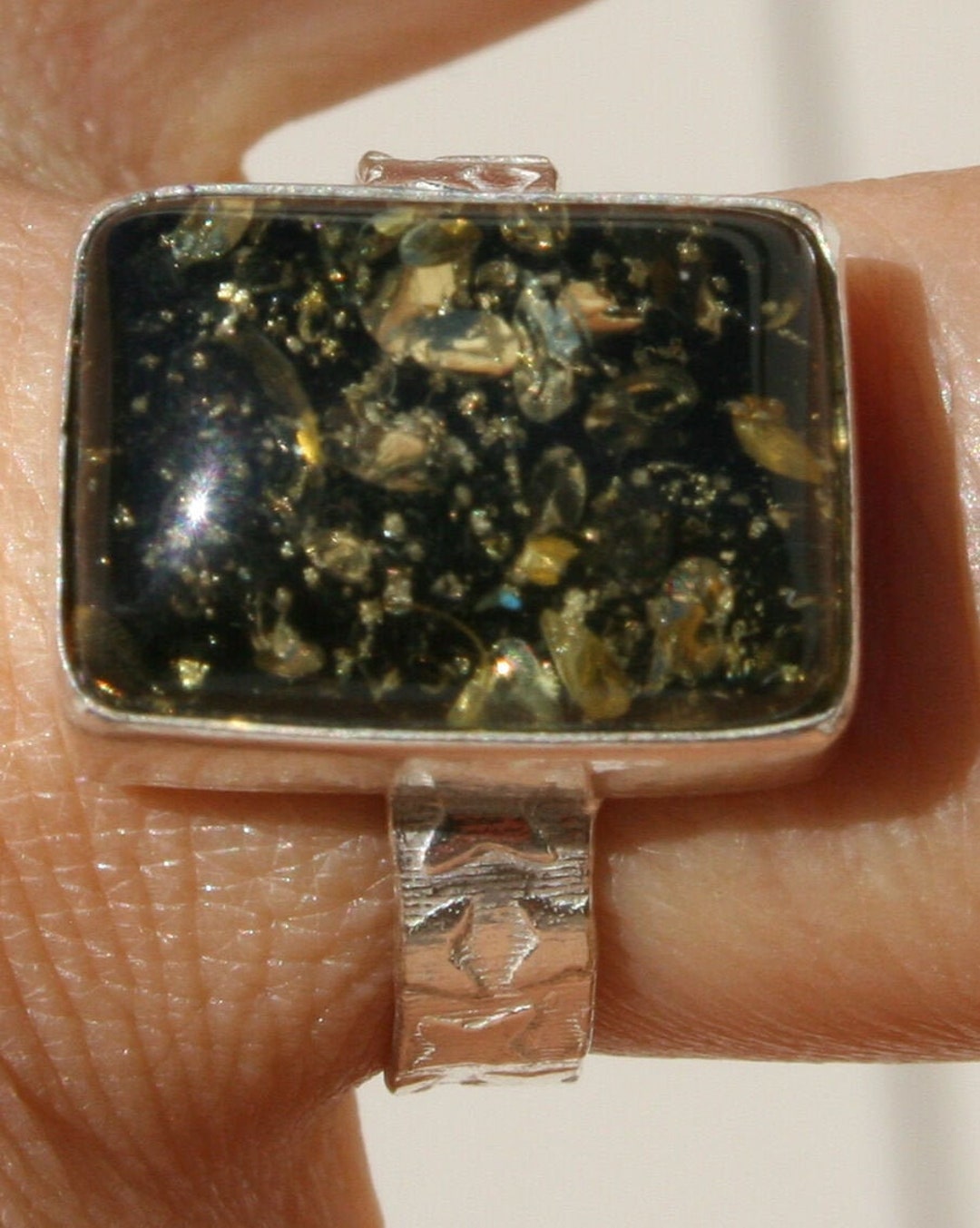 Türkischer Schwarzer Bernstein Ring: Sterlingsilber Quadratschnitt, 4 ...
