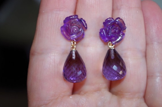 14K Quality 11MM Carved Rose Amethyst Fancy Stud Earr… - Gem