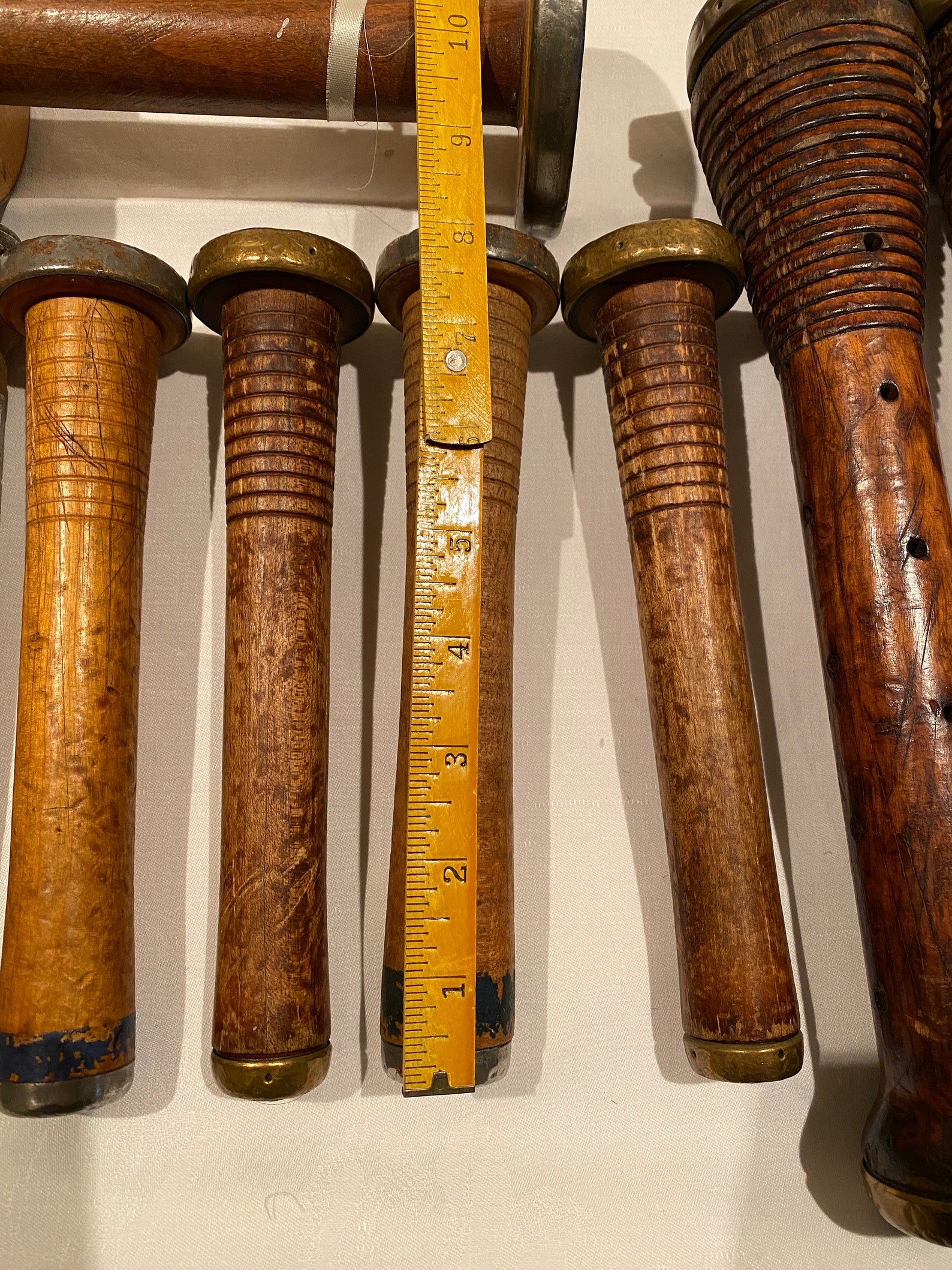 Antique Wood / Bronze Bobbins From Early Woolen Mills, Five Different ...
