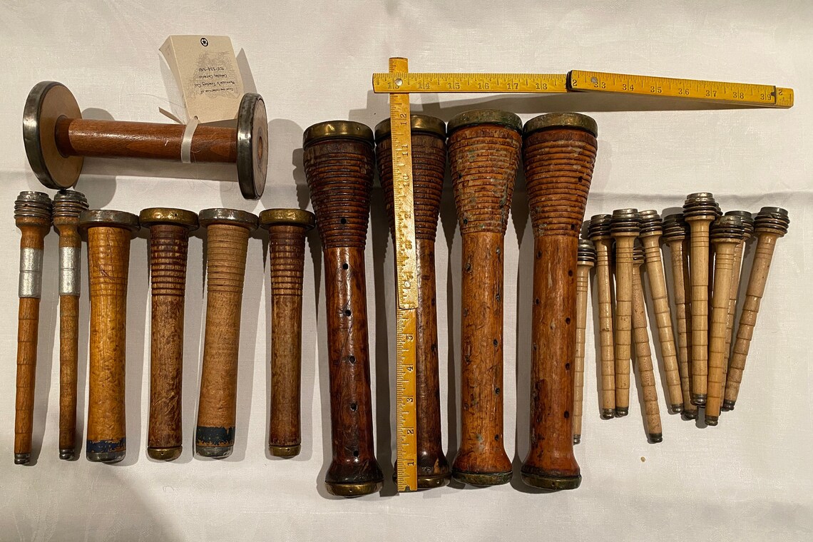 Antique Wood / Bronze Bobbins From Early Woolen Mills, Five Different ...