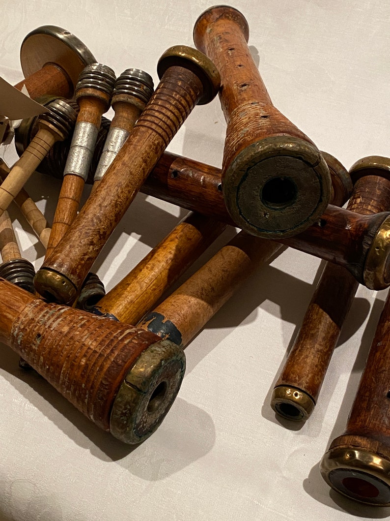 Antique Wood / Bronze Bobbins From Early Woolen Mills, Five Different ...