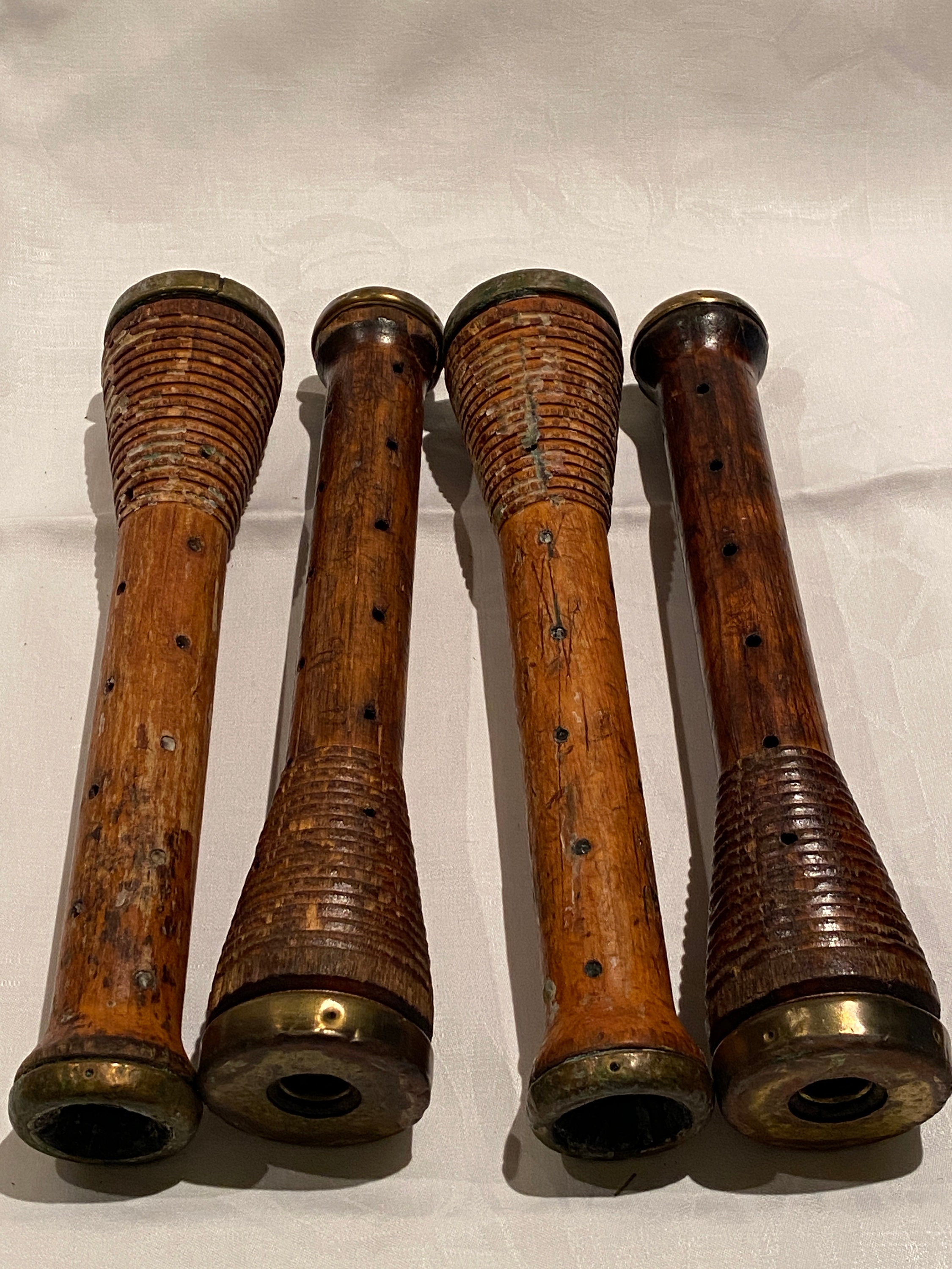 Antique Wood / Bronze Bobbins From Early Woolen Mills, Five Different ...