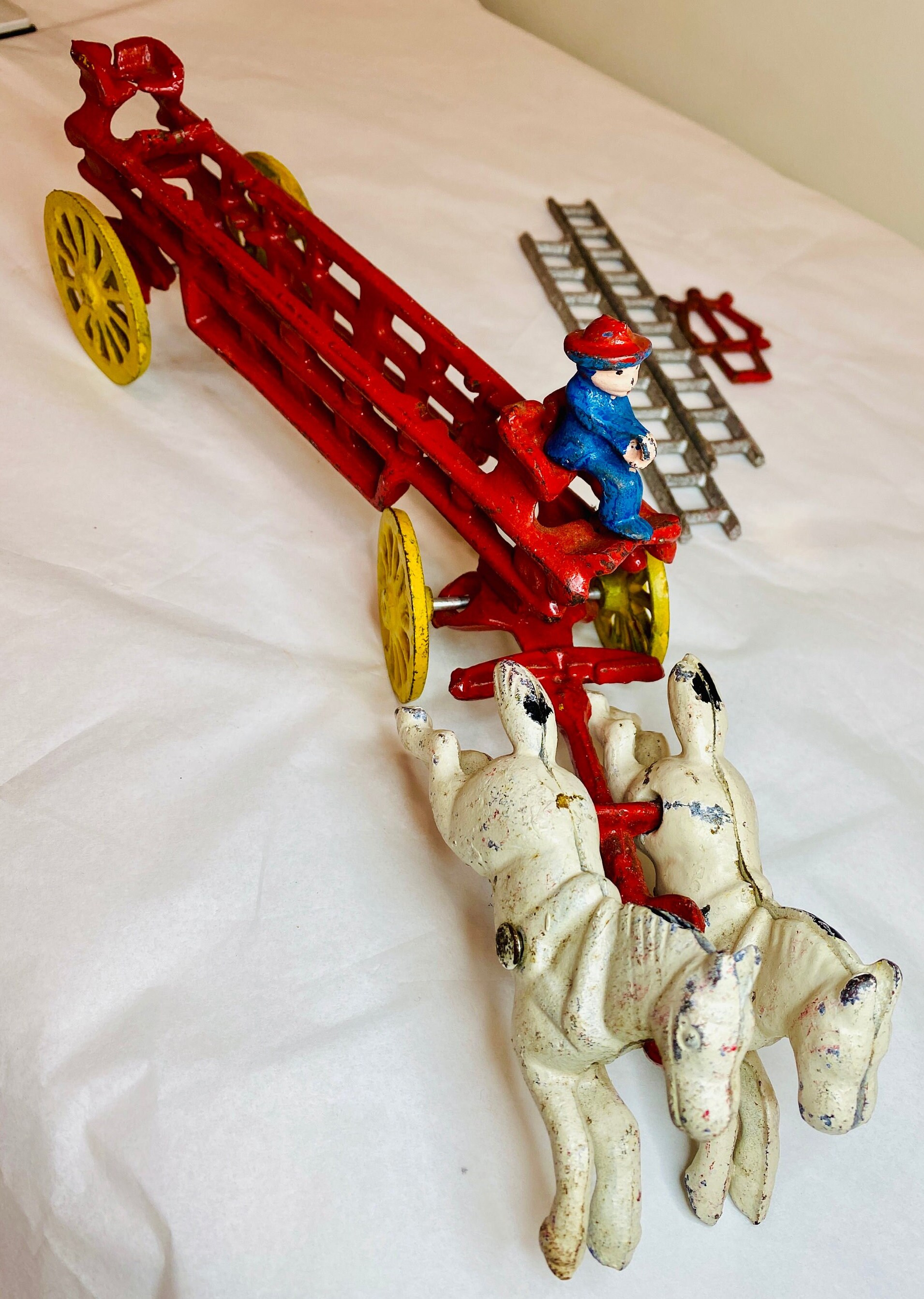 Antique Cast Iron Toy 2 Horse Drawn Hook & Ladder Fire Truck Wagon ...