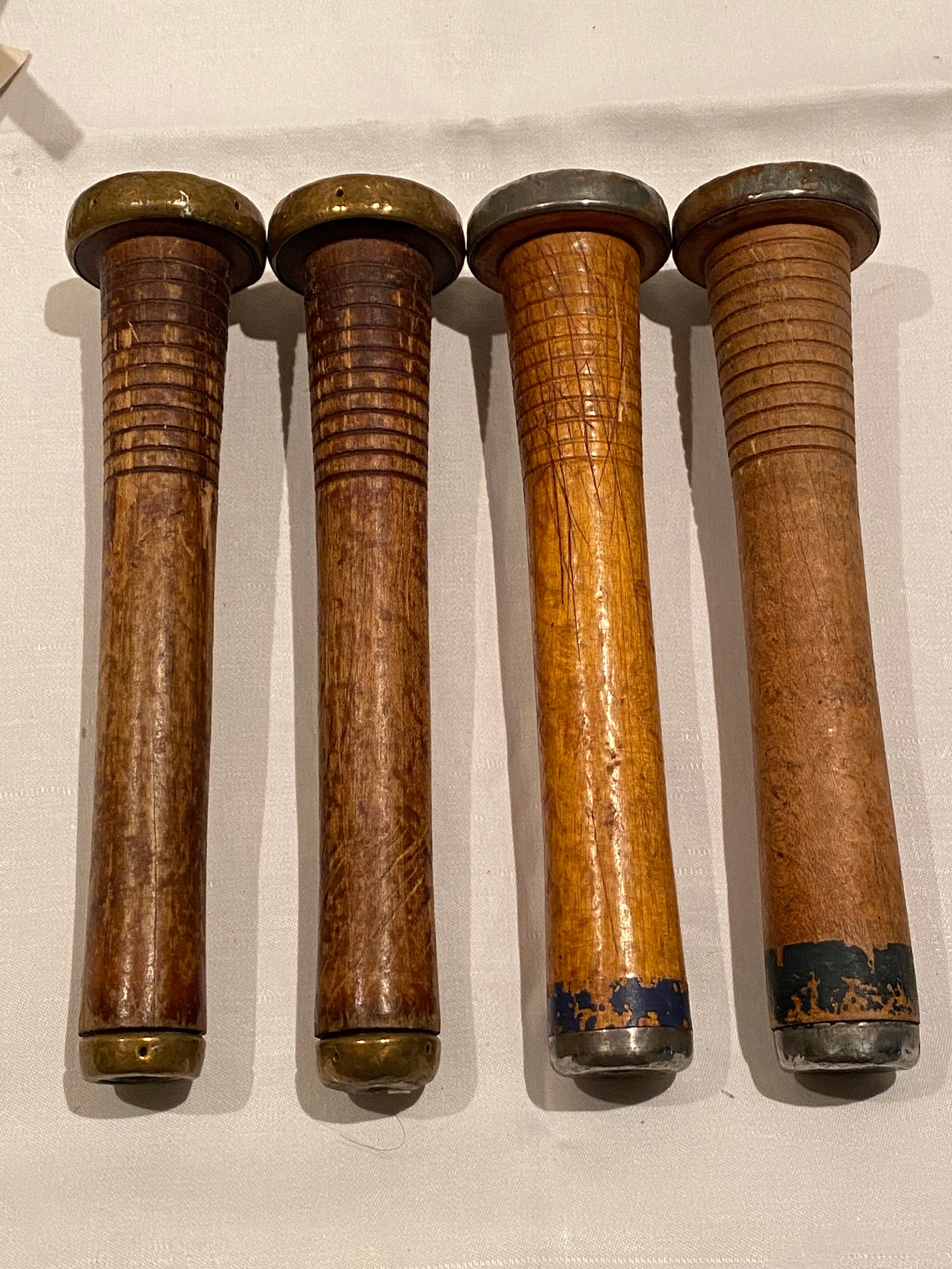 Antique Wood / Bronze Bobbins From Early Woolen Mills, Five Different ...