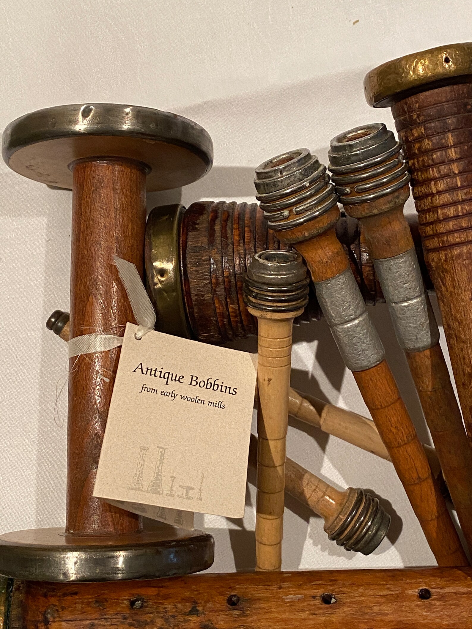 Antique Wood / Bronze Bobbins From Early Woolen Mills, Five Different ...