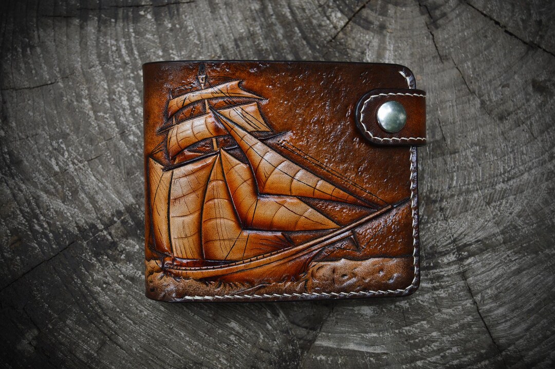 Hand-tooled Custom Leather Wallet – Sailboat, Anchor & Nautical Wheel ...