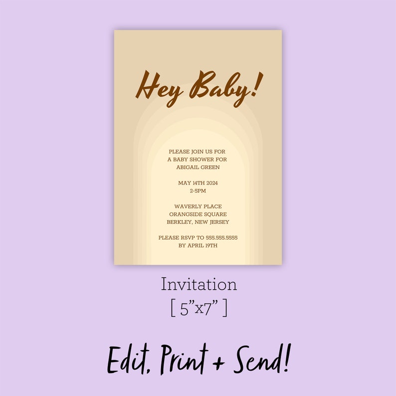 Editable Hey Baby Retro Baby Shower Invitation 70s Ombre Neutral ...