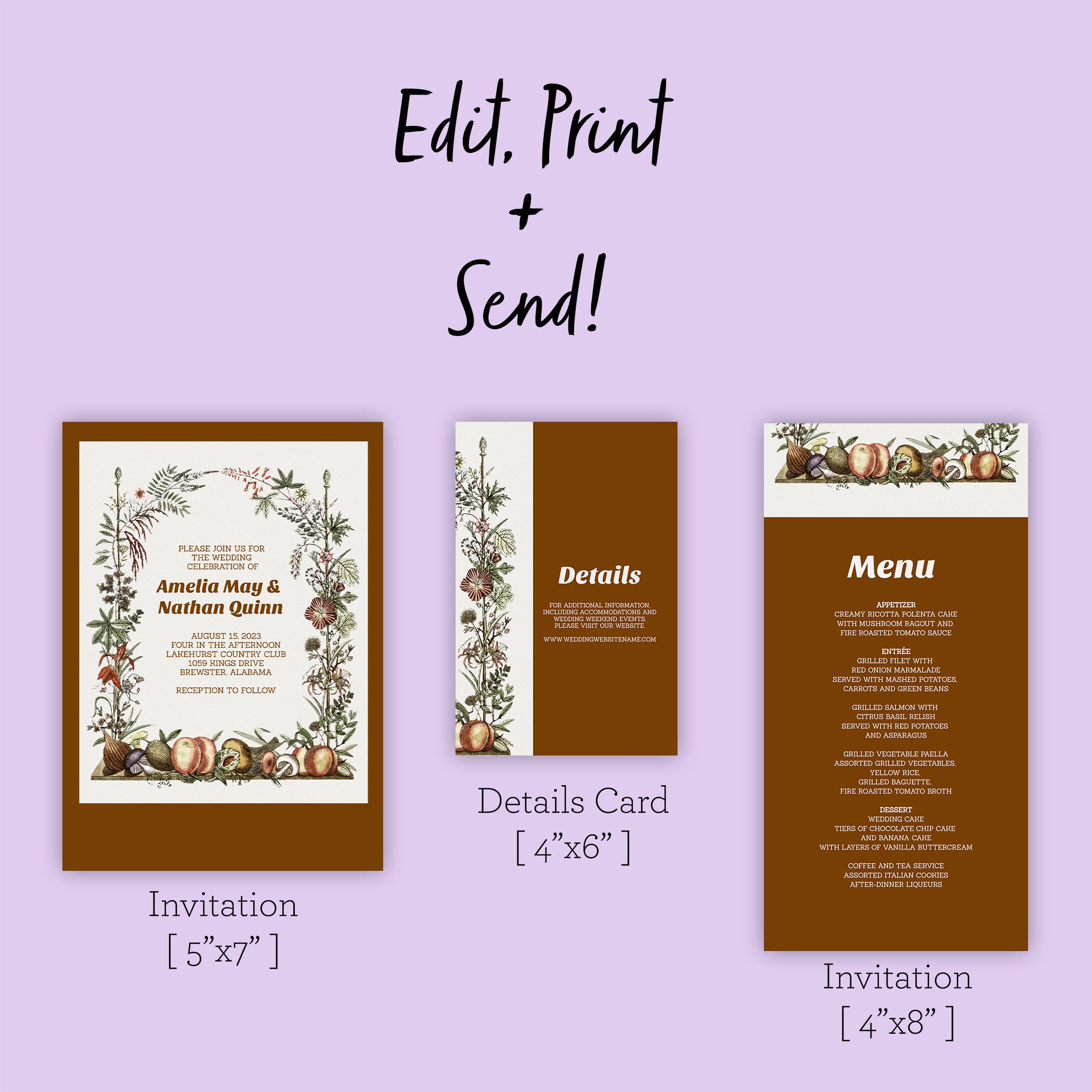 Cottagecore Editable Vintage Botanical Arch 3 Piece Wedding Invitation ...